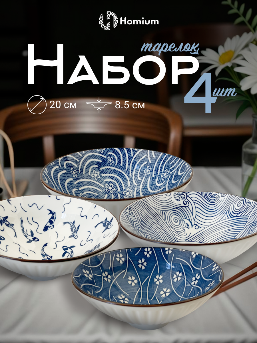 Набор тарелок Homium, Japanese Collection, Очарование, глубокие, 4шт, цвет белый/синий, D20см