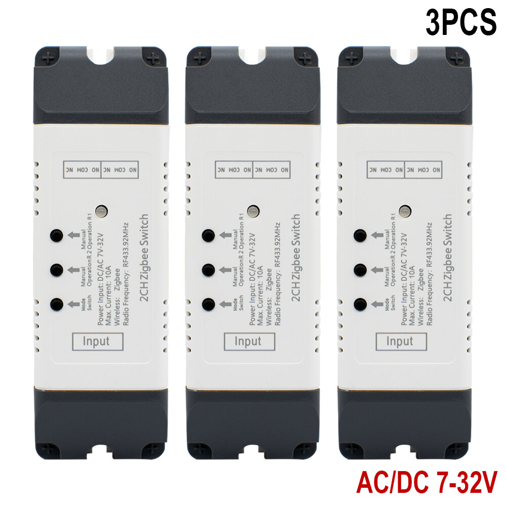 3 шт Умный Zigbee 2-канальный реле (10A, 2200W, DC7-32V) Модуль выключателя Wi-Fi + RF приемник, для Alexa Google Home
