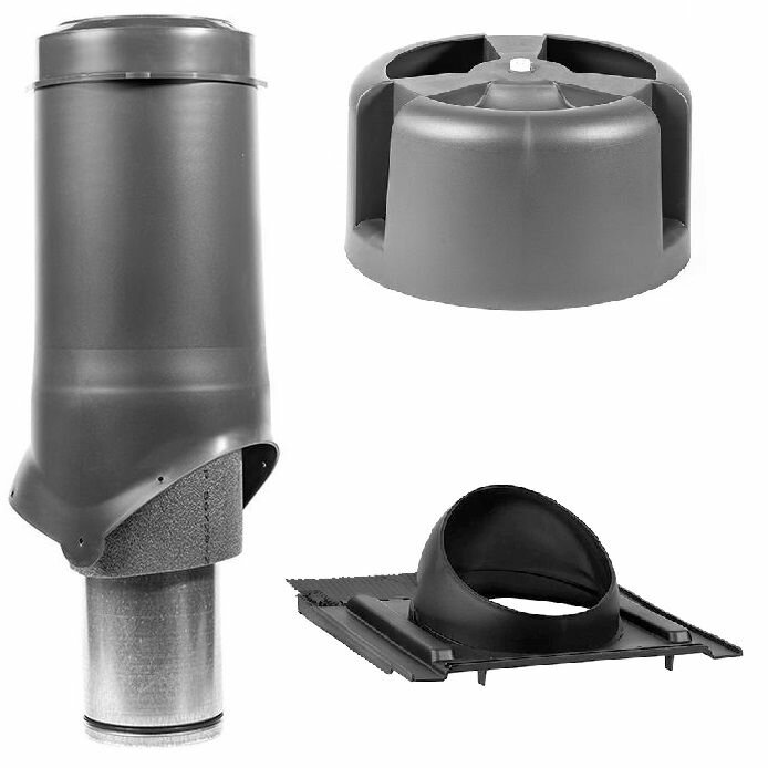 Вентиляционный выход на крышу (комплект) 150 мм h-500 утеплённый Krovent, труба вытяжная на крышу с грибком и проходным элементом для натуральной черепицы, серый (Ral 7024)