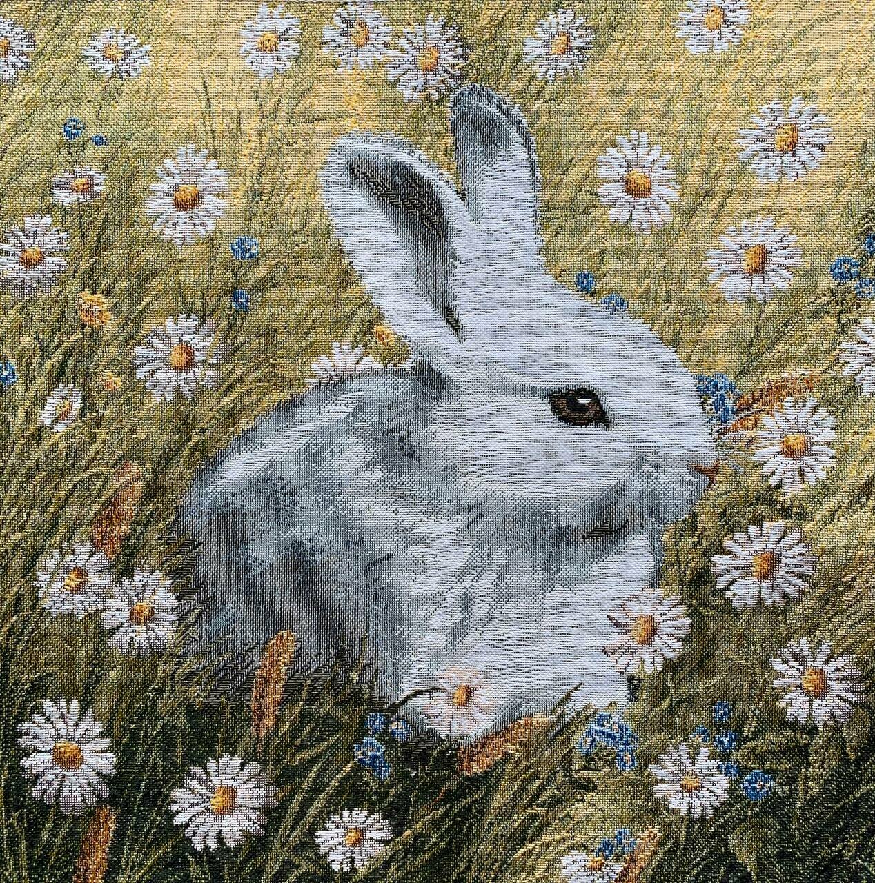 Гобелен, гобелен без рамы 33х33 см / "Зайчик в ромашках"