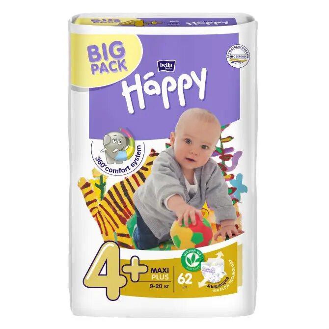 Bella Подгузники Baby Happy 4 maxi plus 9-20 кг BIG PACK 62 шт