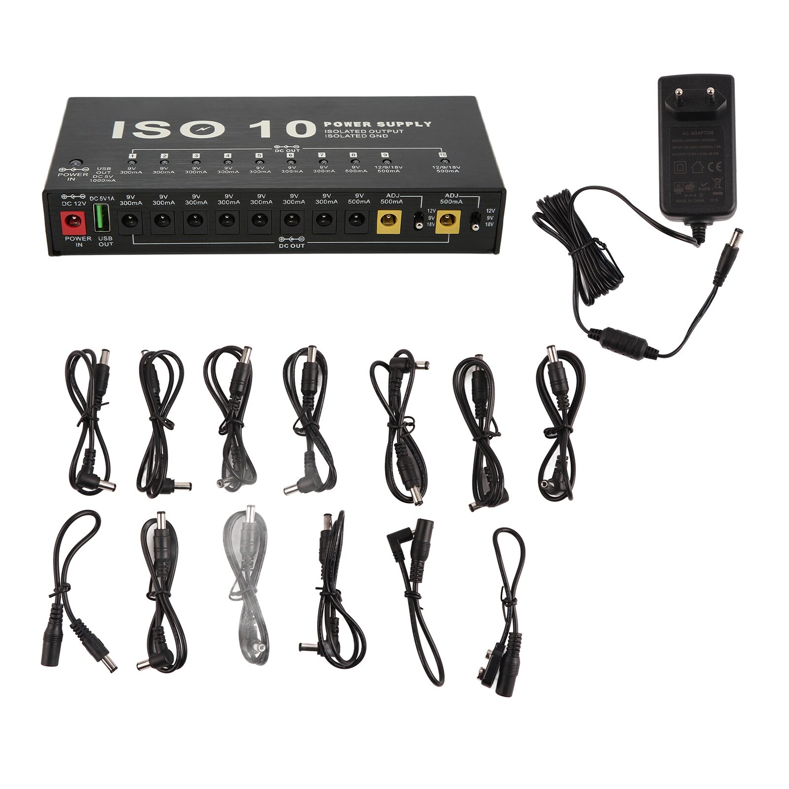 Блок питания для гитарных педалей, 10 изолированных выходов, мультиэффект, 2 регулируемых напряжения, вилка EU, 100–240 В.