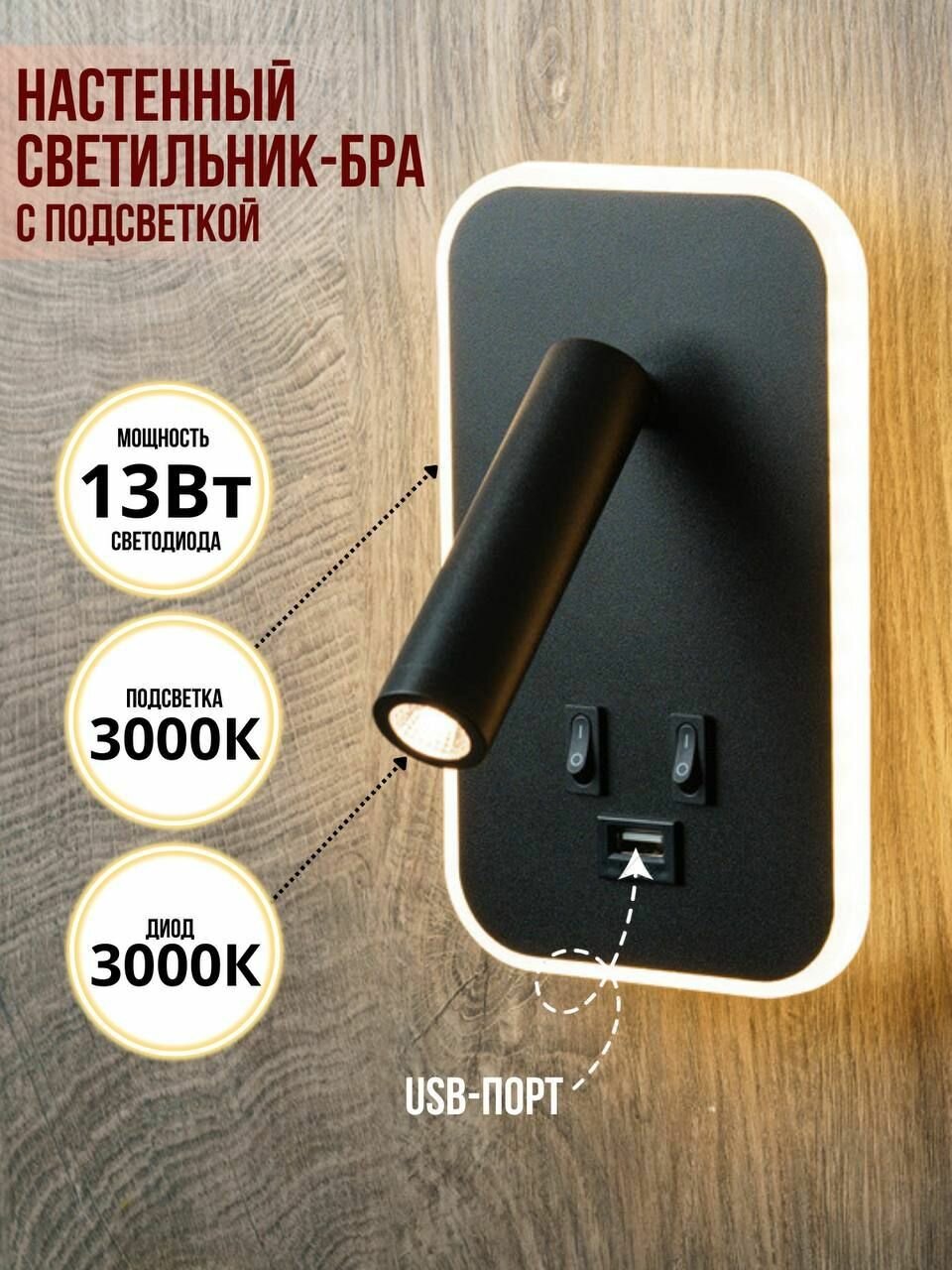 Светильник настенный бра с подстветкой, Черный 13Вт -kpa