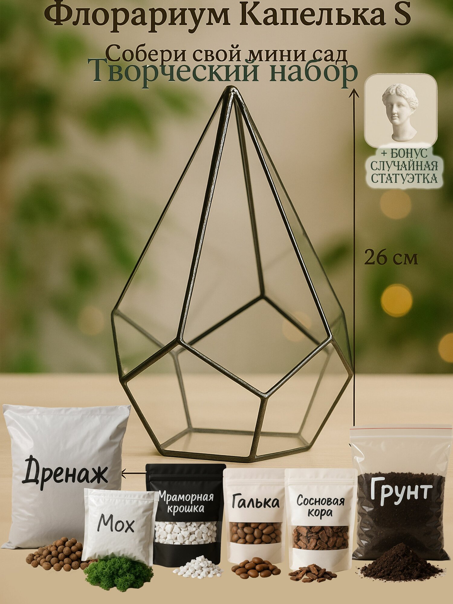 Набор для создания флорариума: форма Капелька S, небольшая собери свой мини сад