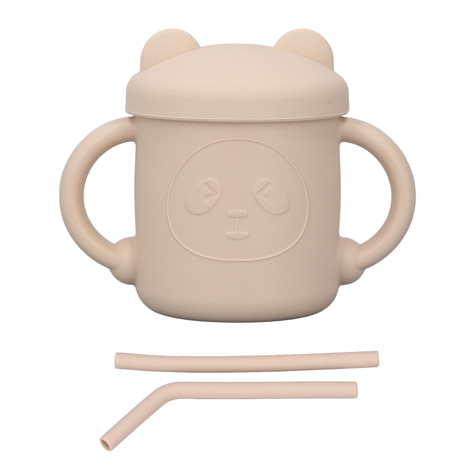 Силиконовая детская кружка для обучения питью с двумя ручками, крышкой и трубочкой в мультяшном стиле, изготовлена из прочного пищевого силикона, бежевого цвета.