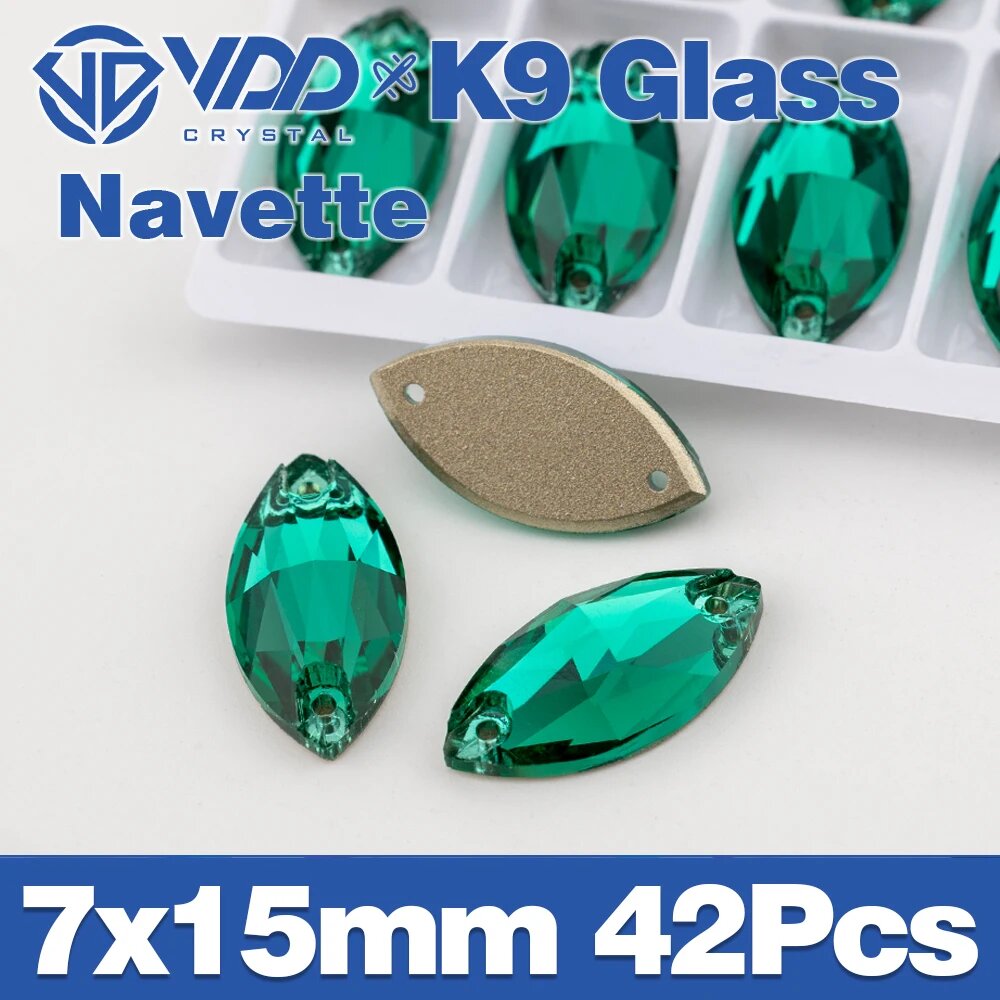 Стразы Navette K9 Glass, зеленые 7x15mm, 42шт