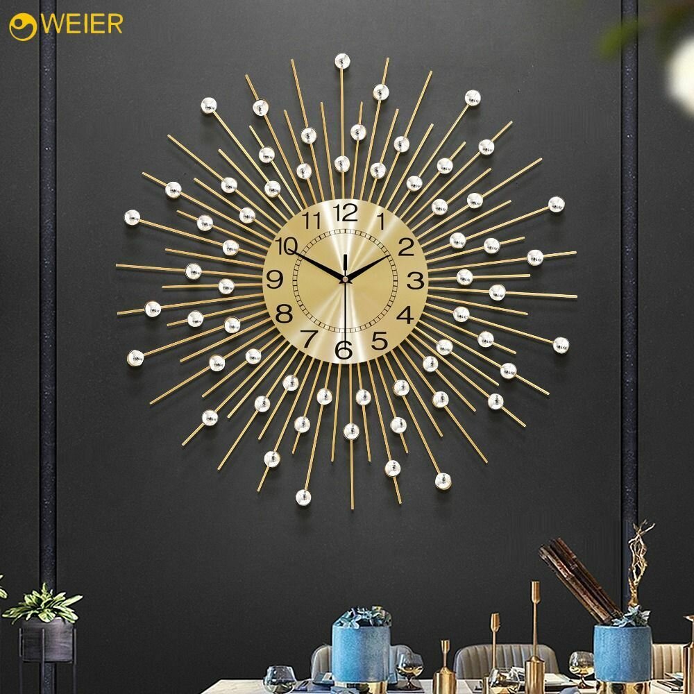 Настенные часы со стразами, Светлые роскошные настенные часы в гостиной,60см х 60 см