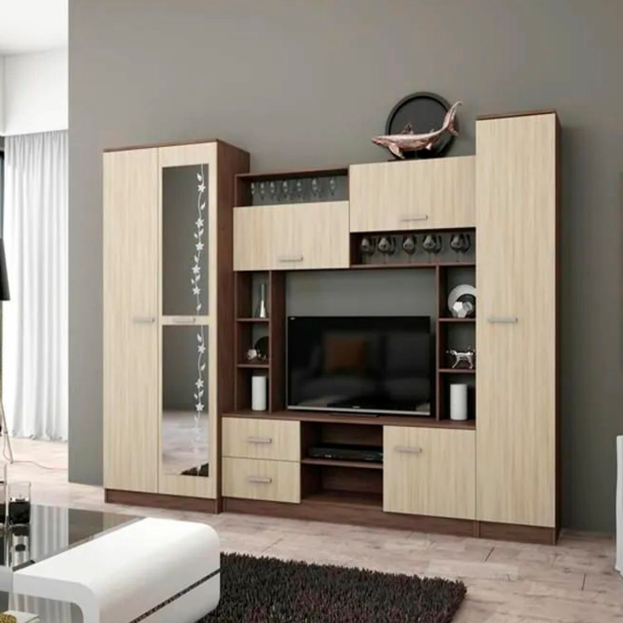 Cтенка в гостиную "Марта" Ясень шимо, под телевизор со шкафом, напольная, горка в гостиную, в зал, тв зона, ширина 270 см, с зеркалом