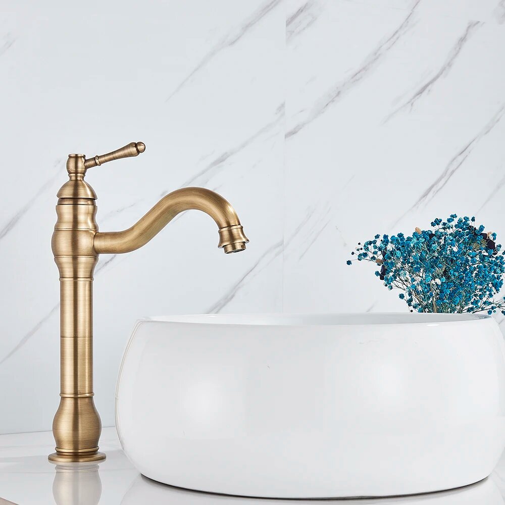 Onyzpily смеситель для ванной комнаты латунный хромированный кран щетка никелевая раковина смеситель тщеславие горячей и холодной воды смесители для ванной комнаты, Antique Brass-Tall