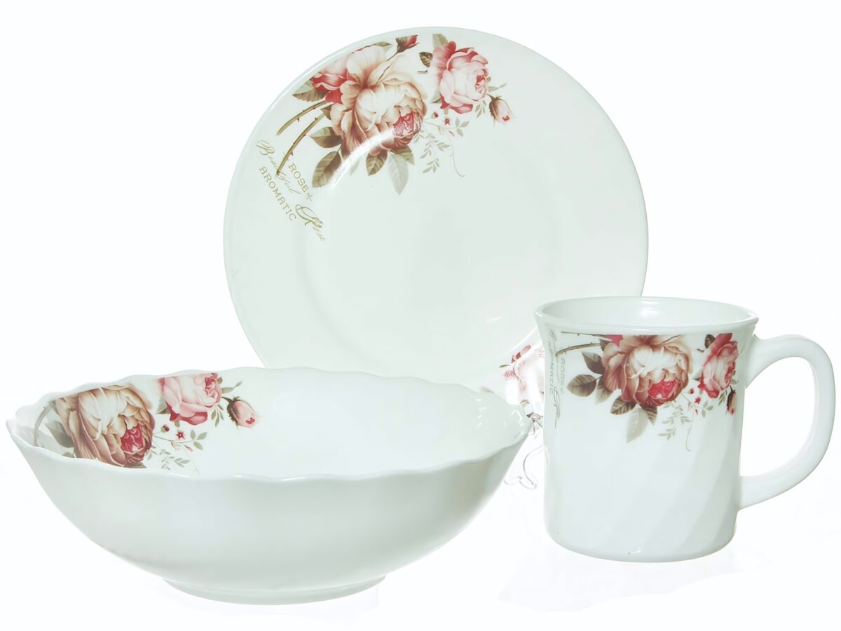 Набор посуды для завтрака «Чайные розы», 3 предмета: чашка 250 мл, тарелка 7,5 см, салатник 18х5,5 см