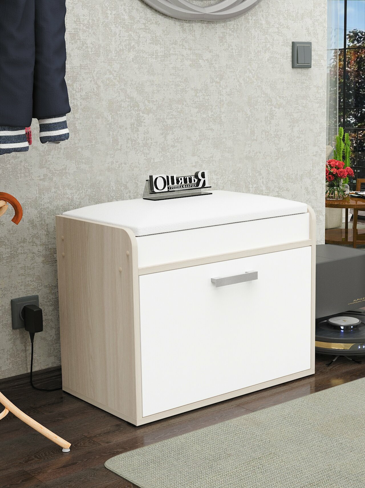 Тумба для прихожей с сиденьем под обувь деревянная, обувница белый/ЯШС