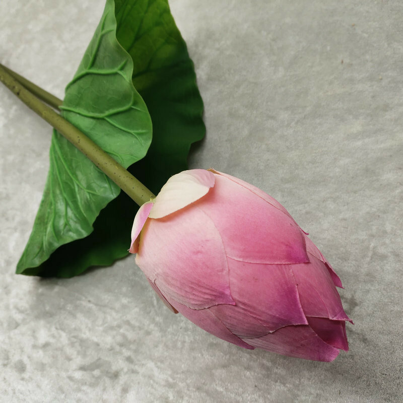 Realistic lotus blossom silk art for home staging and photo scenes bud deep pink