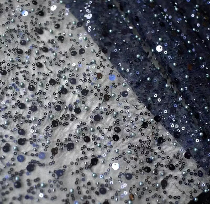 Полиэстерная сетчатая ткань с вышивкой для рукоделия Темно-синий, navy blue