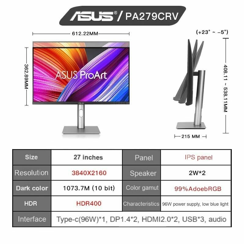 ASUS ProArt PA279CRV 27 дюйм 60Hz 4K дисплей IPS HDR10, Черный