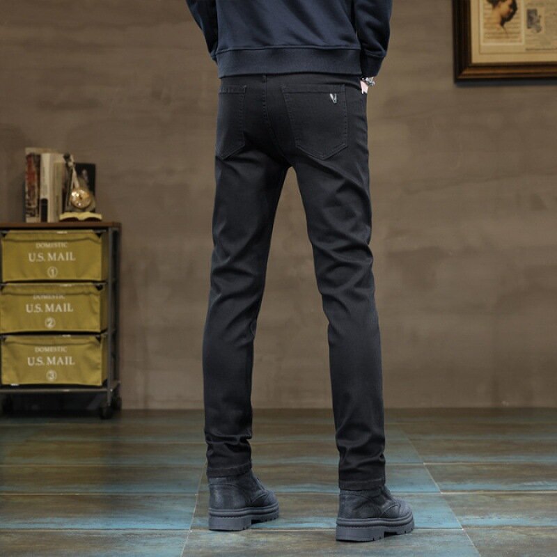 Слим тапер джинсы Rong Черные джинсы мужские эластичные узкие корейский стиль средний пояс повседневные стройные, Размер_36