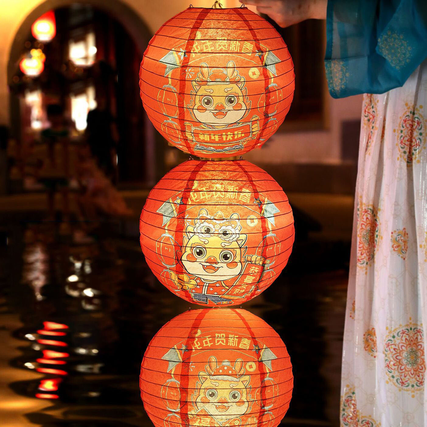 Национальные Дракон Бумажные Фонари Светящиеся Бумажные Подвесные Китайские Фонари (Набор из 5) Украшение для Празднования Лунного Нового Года