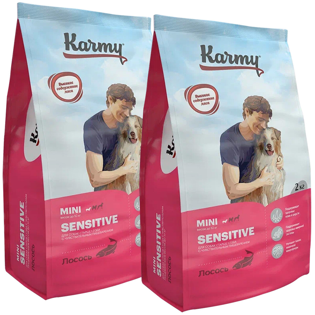 Корм сухой Karmy Sensitive Mini для взрослых собак маленьких пород с чувствительным пищеварением с лососем, 2 кг 2 шт