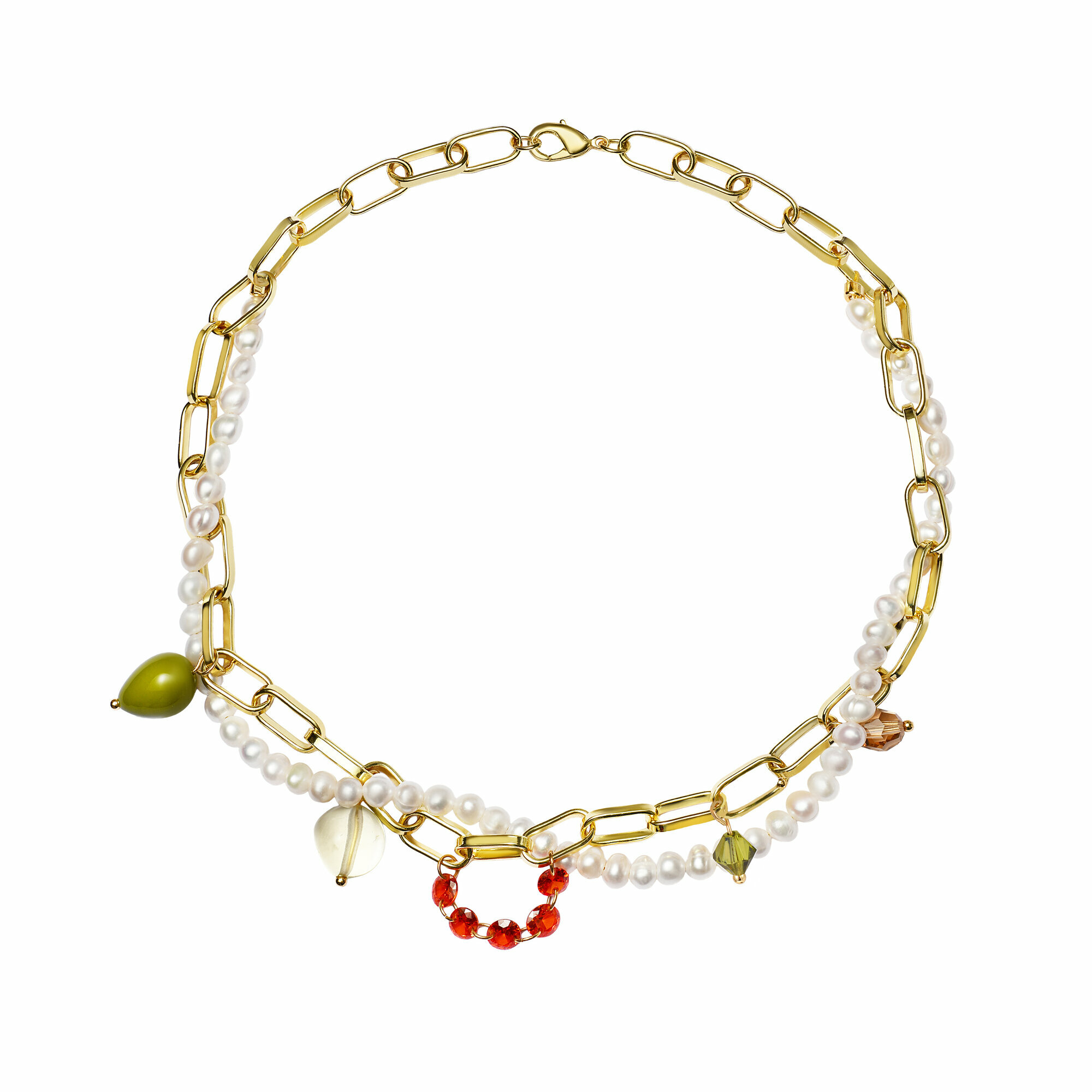 Колье, цитрин, жемчуг пресноводный, стекло, циркон, кристаллы Swarovski