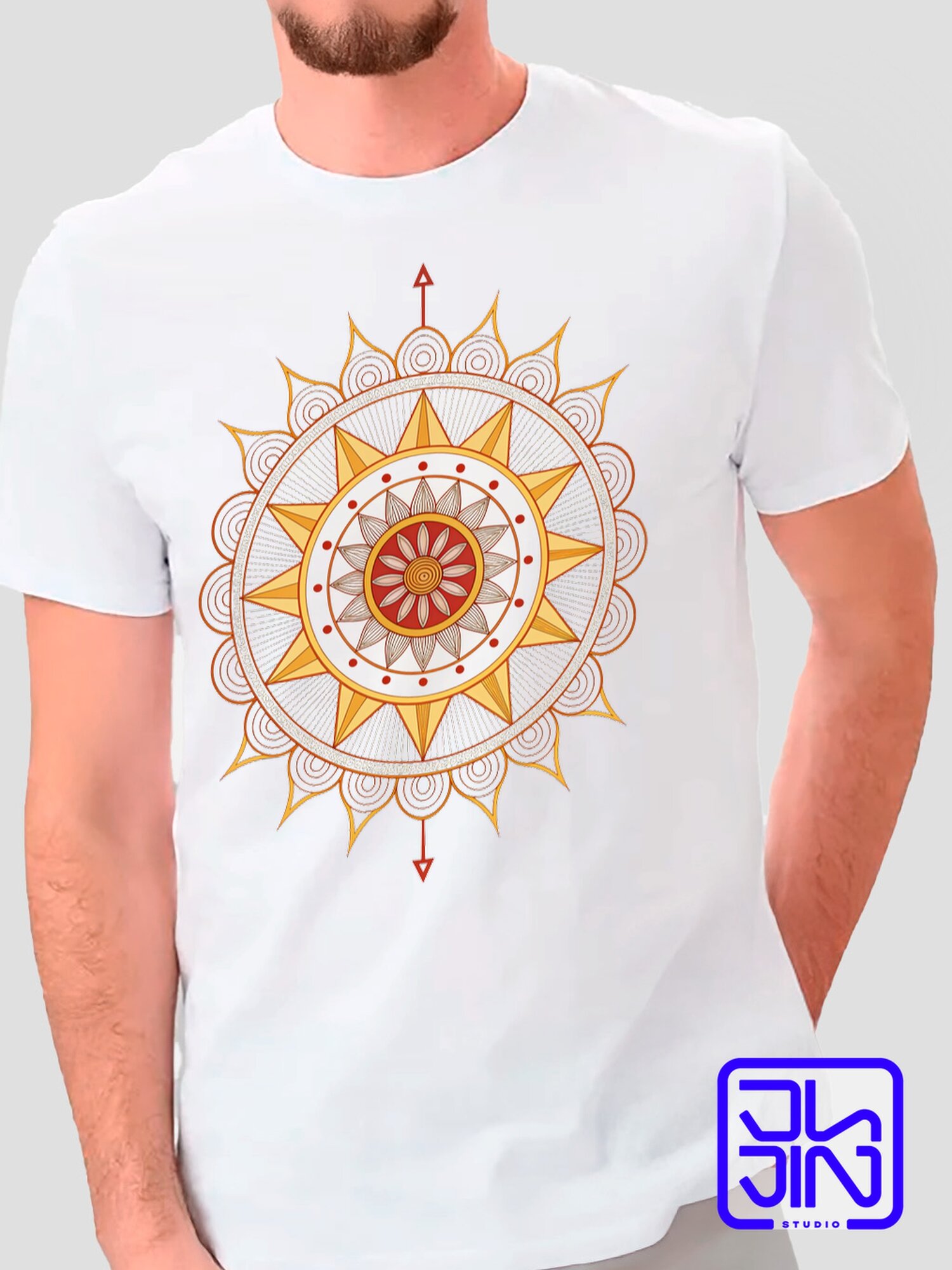 Футболка классическая мужская с авторским принтом Мандала геометрическая желтая с кругом, этническое оранжевое солнце, белый хлопковый трикотаж с прикольным рисунком на груди