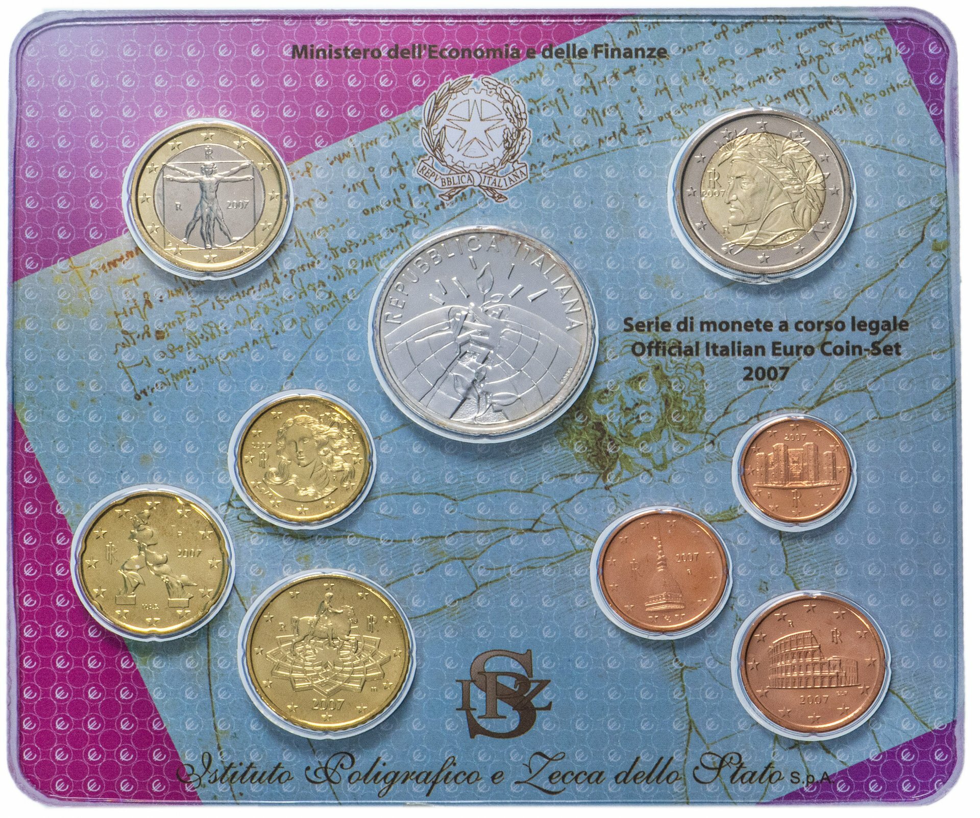 Италия 2007 официальный годовой набор евро из 9 монет с серебряной монетой 5 евро в буклете "5 лет Киотскому протоколу", Биметалл, в сохранности UNC