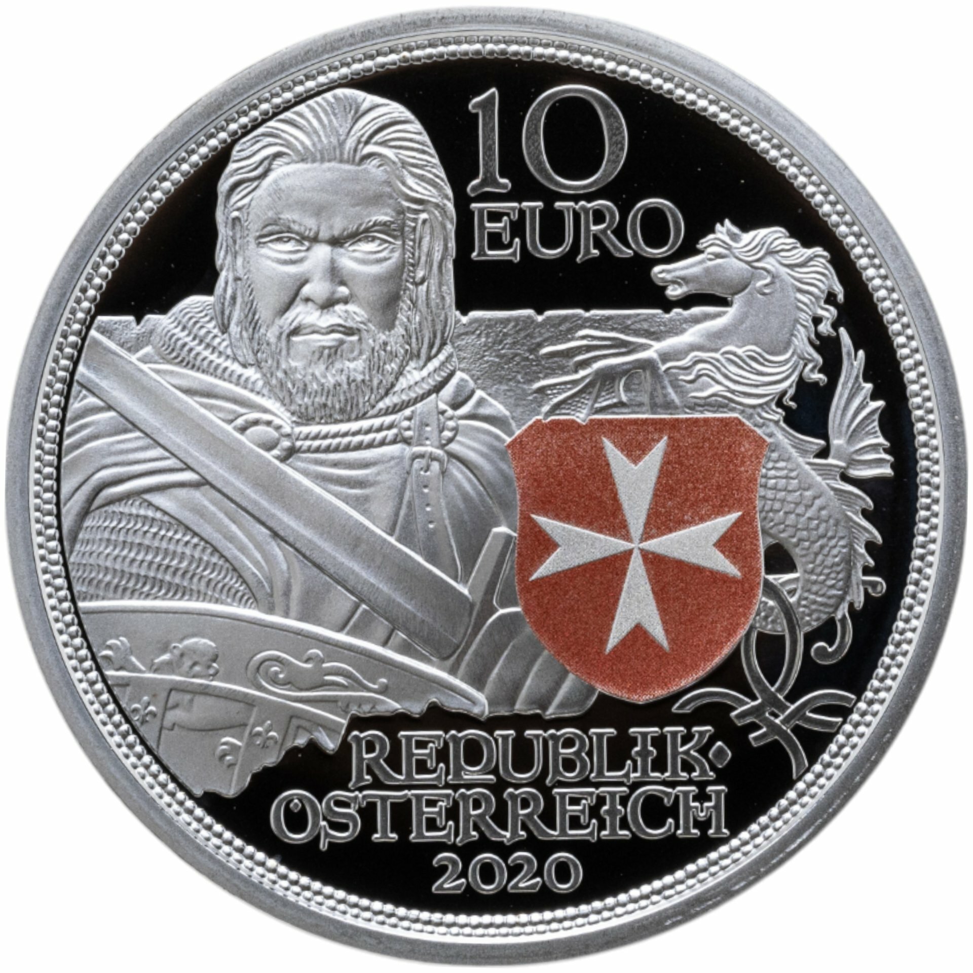 Австрия 10 евро 2020 "Рыцарские истории - Мужество" в футляре с сертификатом, Серебро 925, в сохранности Proof