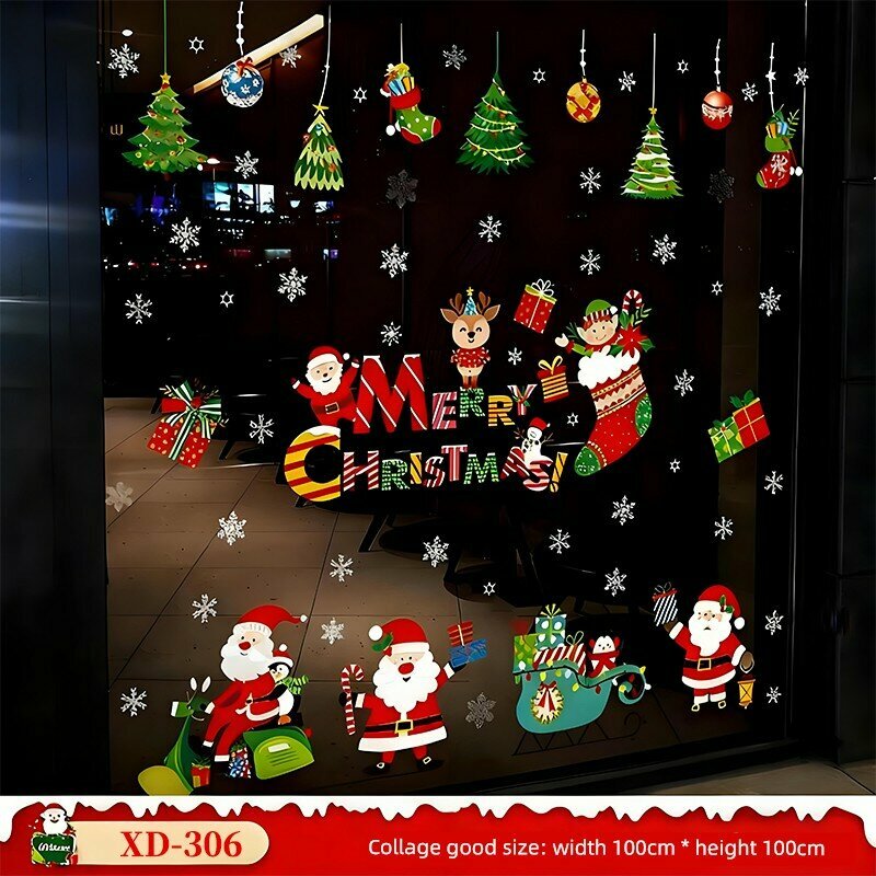 Новогодние стеклянные наклейки, статические наклейки, наклейки на окна с изображением Деда Мороза и елки, оформление