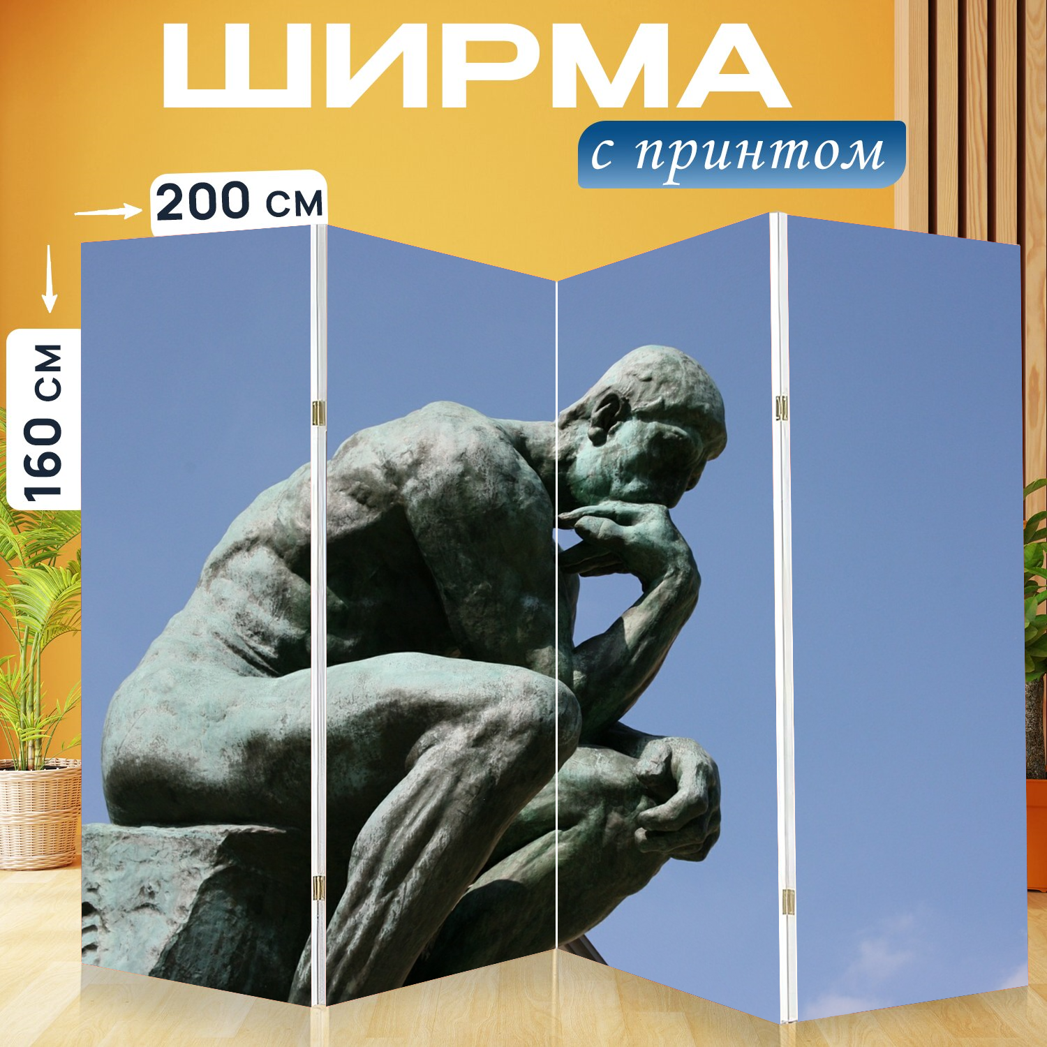 Ширма "Мыслитель, роден, музей родена" перегородка для зонирования комнаты с принтом 200x160 см. на холсте
