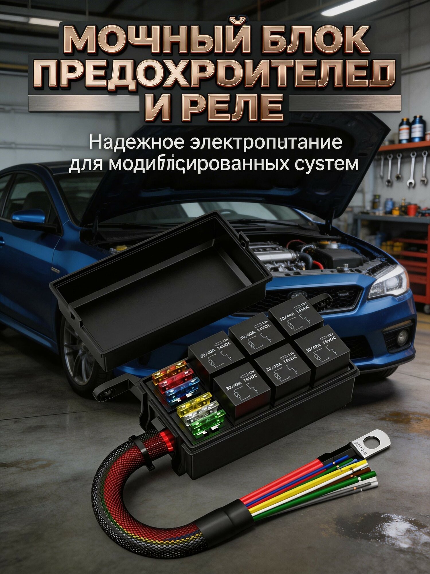 6-позиционный автомобильный блок предохранителей и реле, модифицированная панель с цветовой маркировкой проводов, черный корпус АБС