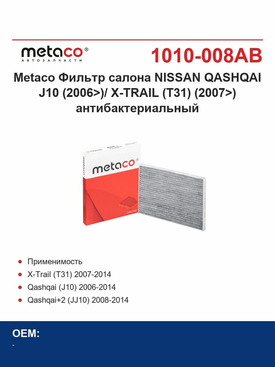 Metaco Фильтр салона NISSAN QASHQAI J10 (2006>)/ X-TRAIL (T31) (2007>) антибактериальный