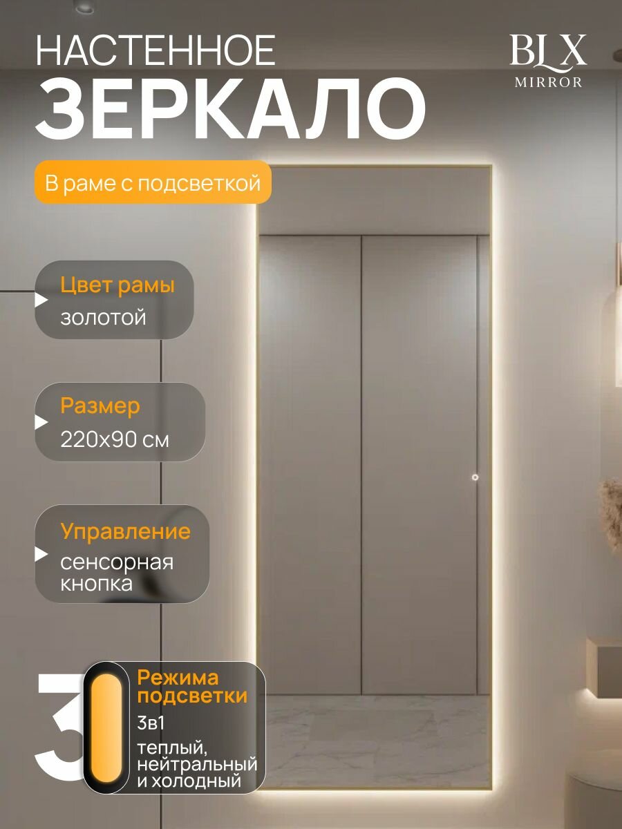 Зеркало настенное 220х90 см. золото с подсветкой сенсорное в алюминиевой раме интерьерное BLX MIRROR