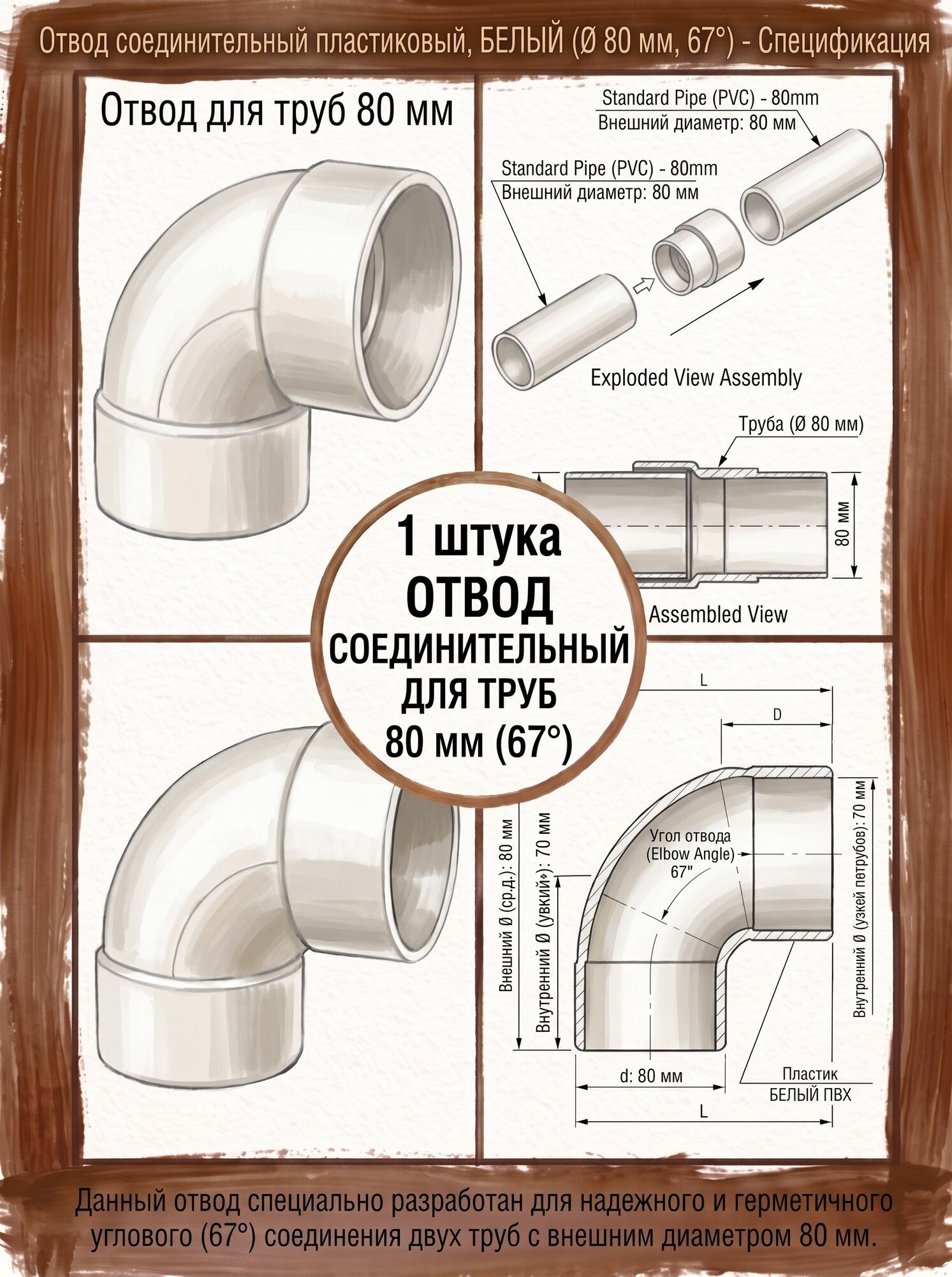 Колено (отвод) соединение 67 градусов трубы 80 мм, белый,1 штука