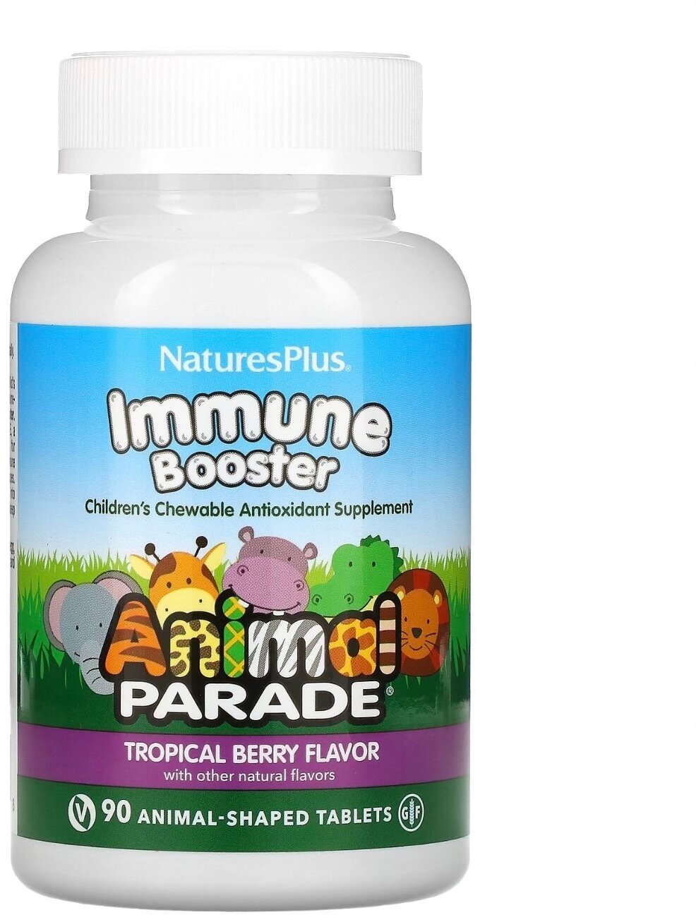 NATURE'S PLUS Animal Parade Kids Immune Booster, Витамины детские для иммунитета, тропические ягоды, 90 шт