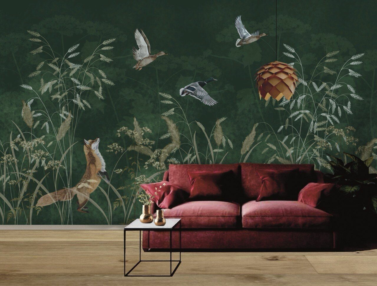 Фреска бесшовная "Лиса и утки в колосках" темно-зеленый (ширина 2550мм х длина 2000мм)