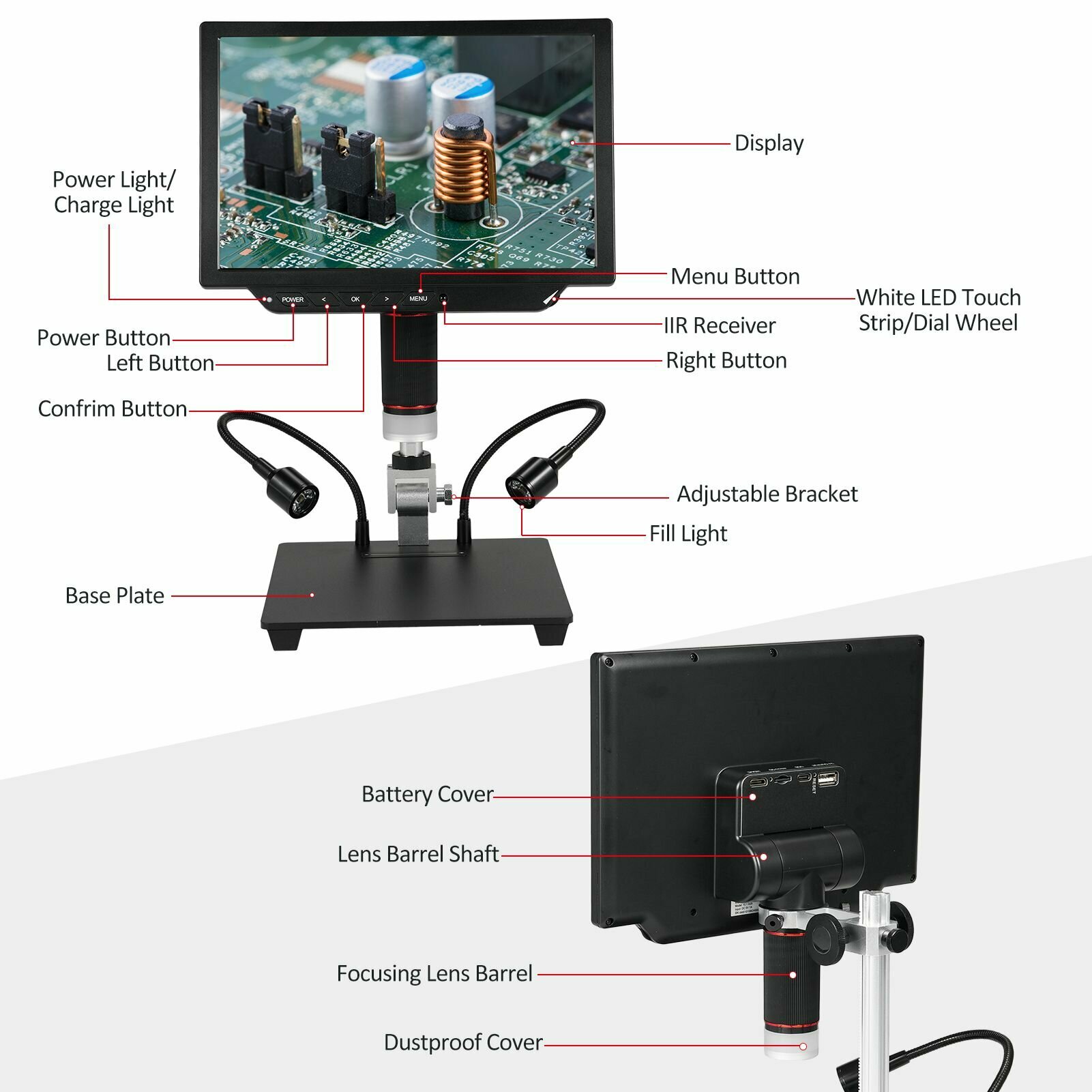Видеомикроскоп 10,1 дюйм, антибликовый IPS, 13 МП, 1X8X, 4K, USB для Android/iOS
