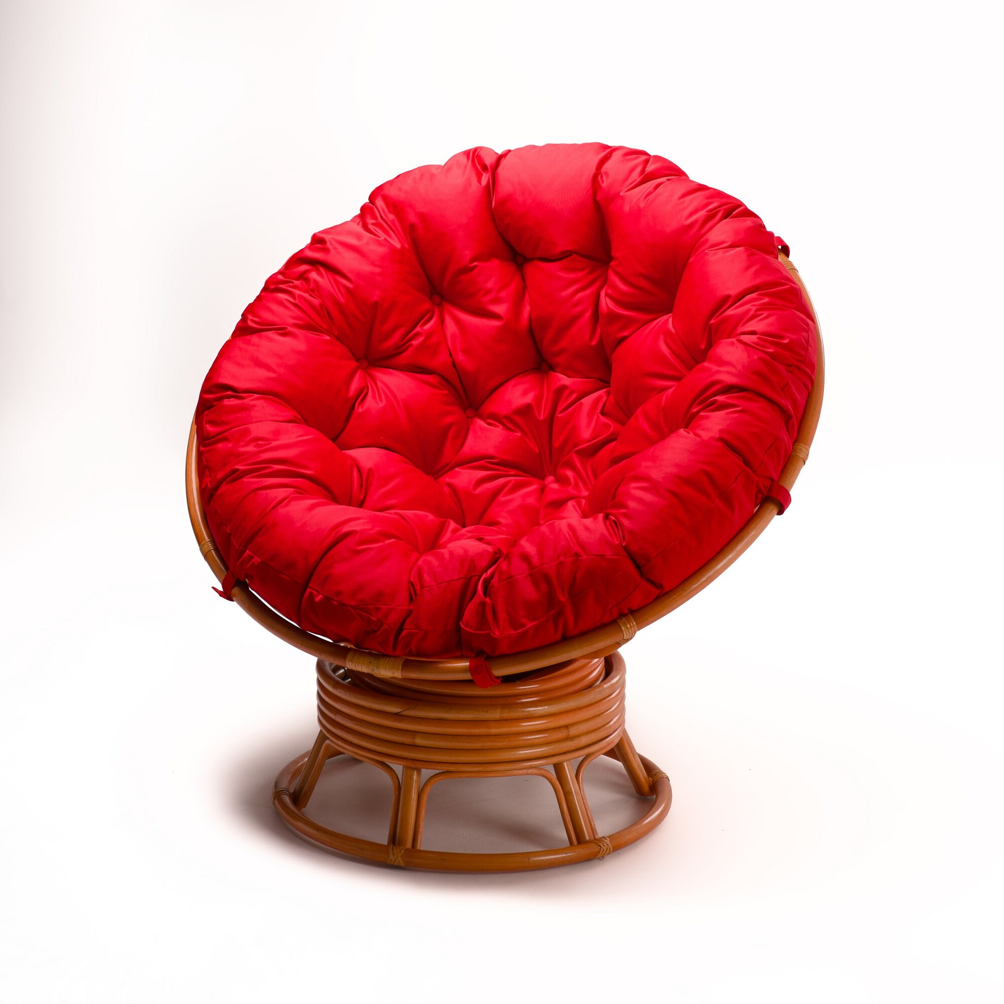 Кресло Папасан вращающийся из натурального ротанга 23/01В с красной подушкой, цвет коньяк