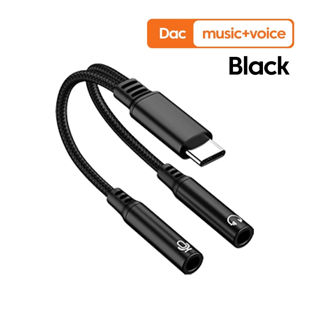 USB/Type C на двойной разъем 3,5 мм, аудиокабель, ЦАП 2-в-1, музыкальный голосовой микрофон, разветвитель, кабель, провод, преобразователь управления Black Type C