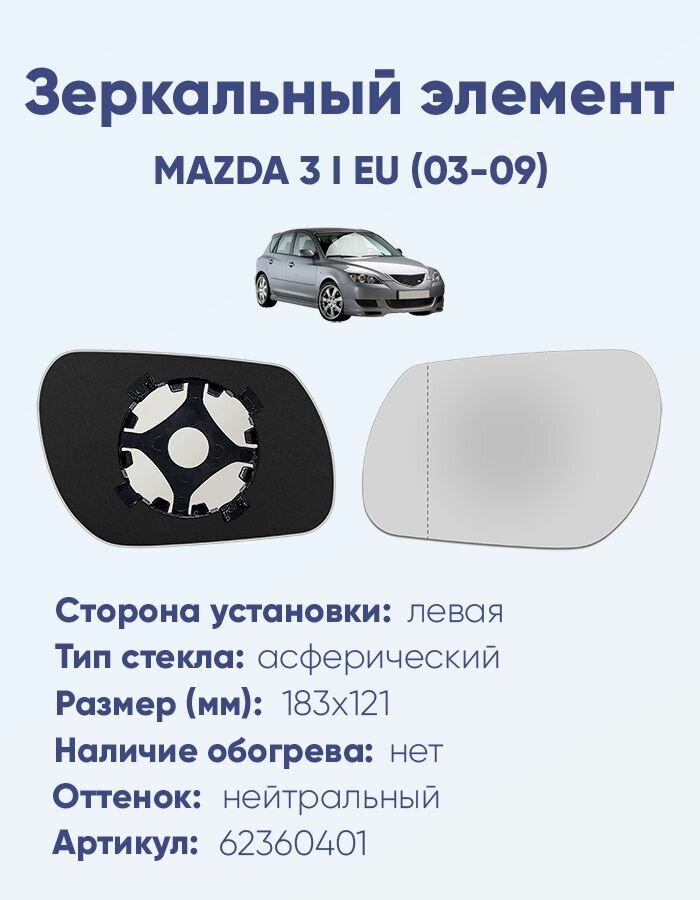 Зеркальный элемент левый MAZDA 3 I EU (03-09) асферика нейтральный без обогрева