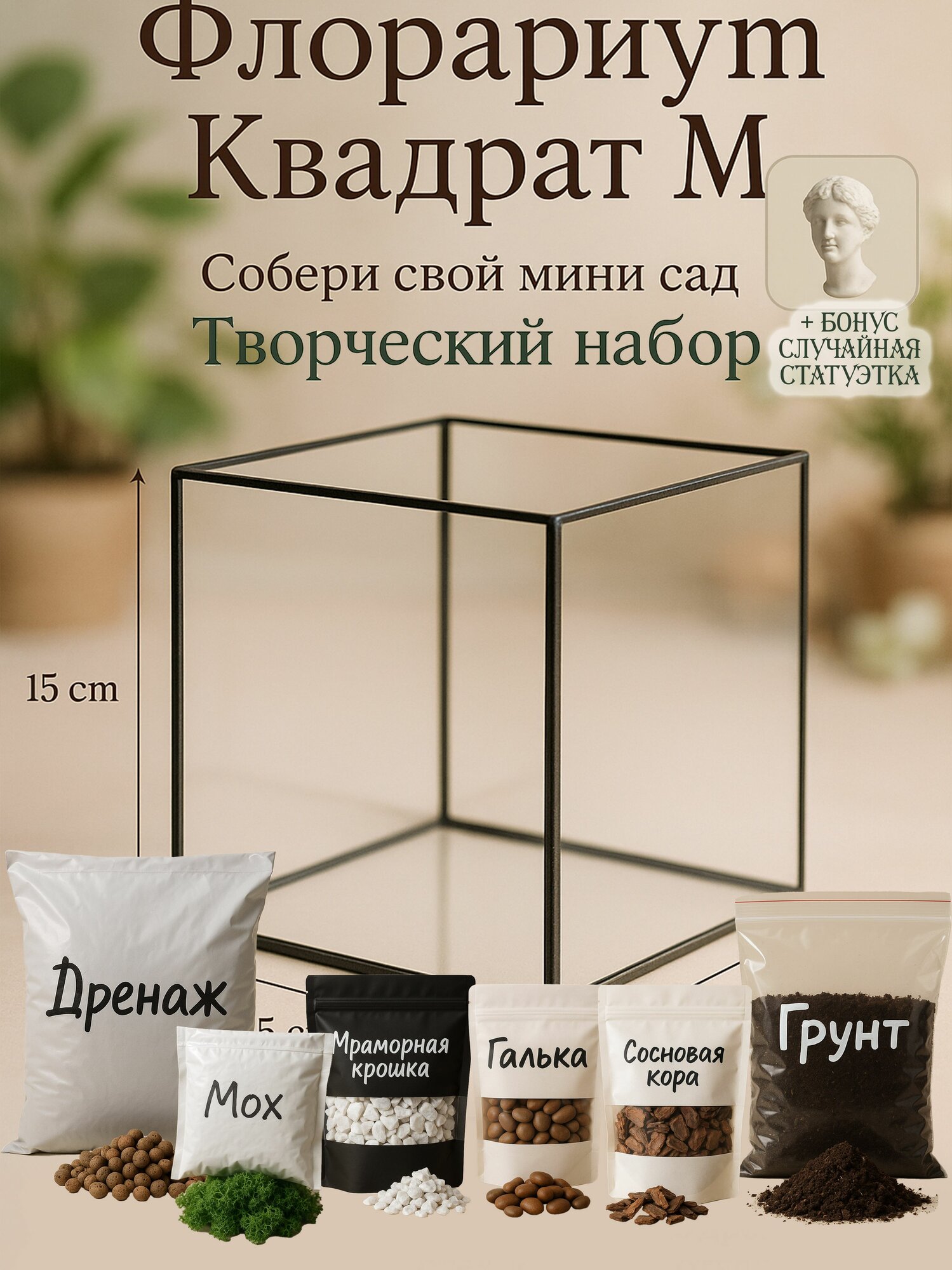 Набор для создания флорариума: форма Квадрат M, средний собери свой мини сад