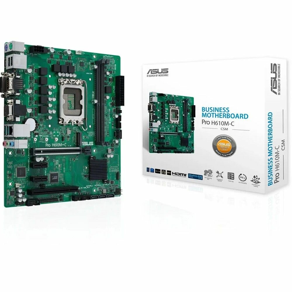 Материнская плата ASUS PRO H610M-C-CSM, LGA1700, mATX, 2xDDR5, VGA, HDMI, DVI, COM, M.2, LAN 1Gb