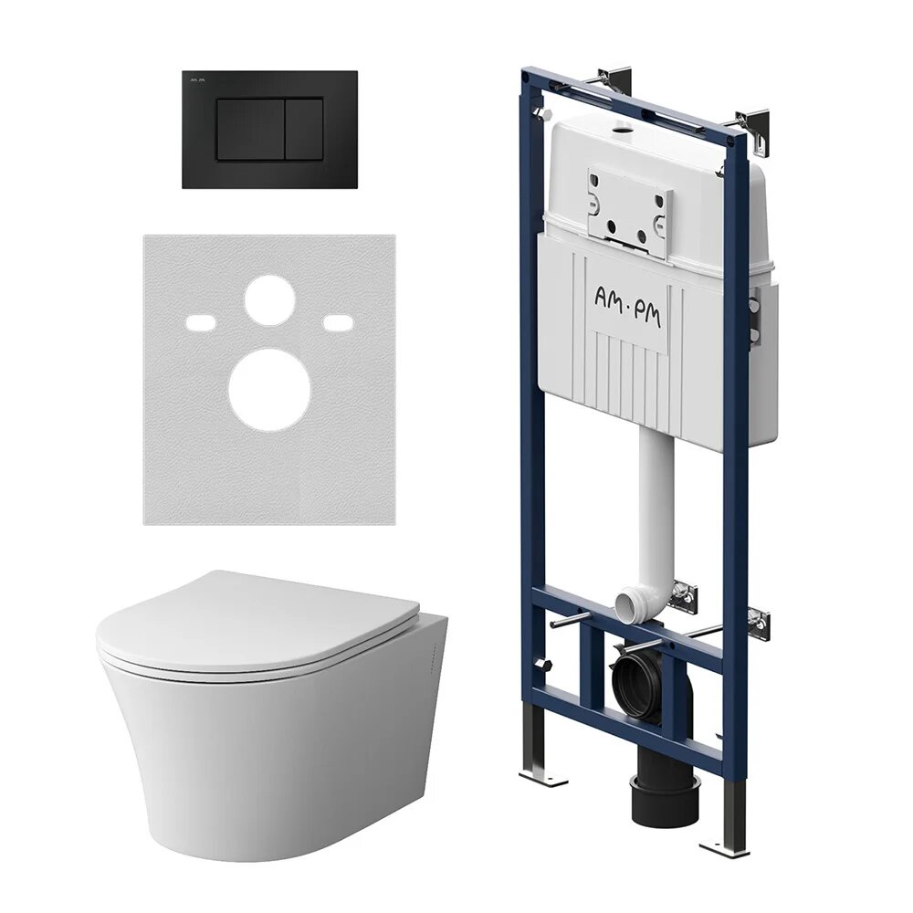 Комплект Унитаз подвесной Damixa Skyline DX35C1700SC безободковый, с микролифтом / Инсталляция AM.PM MasterFit I012710.0238 с кнопкой ProC S черный матовый
