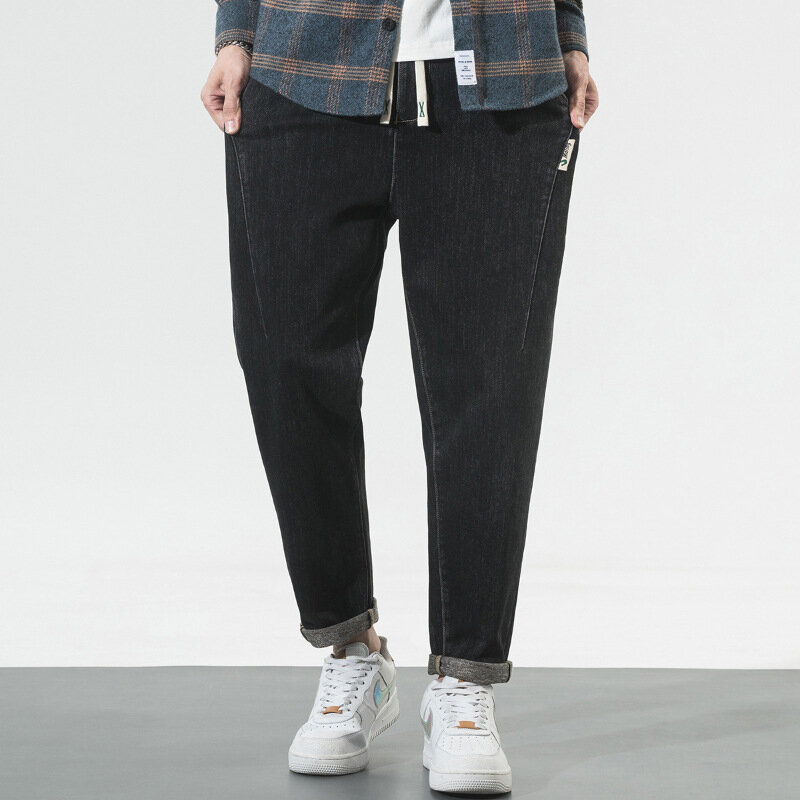 Охоты Брюки JYL Чистый цвет Качеств. тренд. американ. стиль прямой нога джинсы муж. плус размер ретро спортив. деним штаны упитан. черный/L