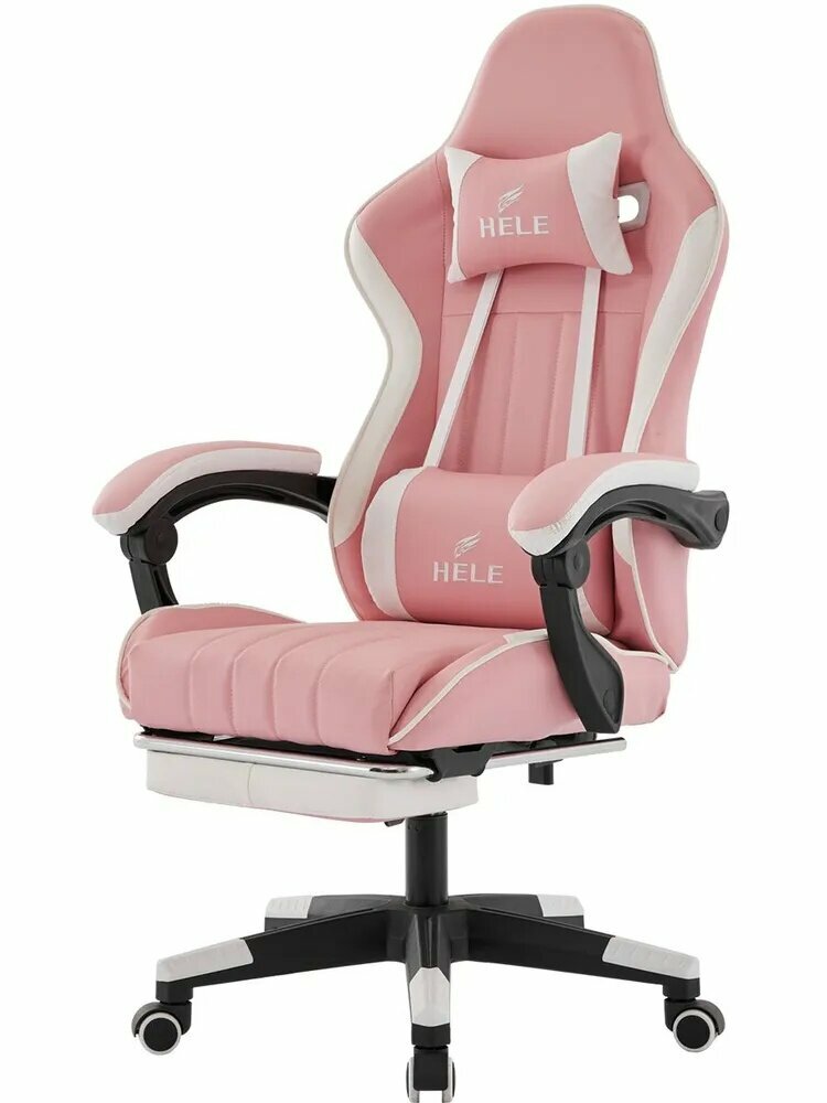 Розовое/белое игровое кресло HELE, экокожа, с подголовником, металлический железный каркас, с подставкой для ног, регулируемые подлокотники, регулируемая спинка