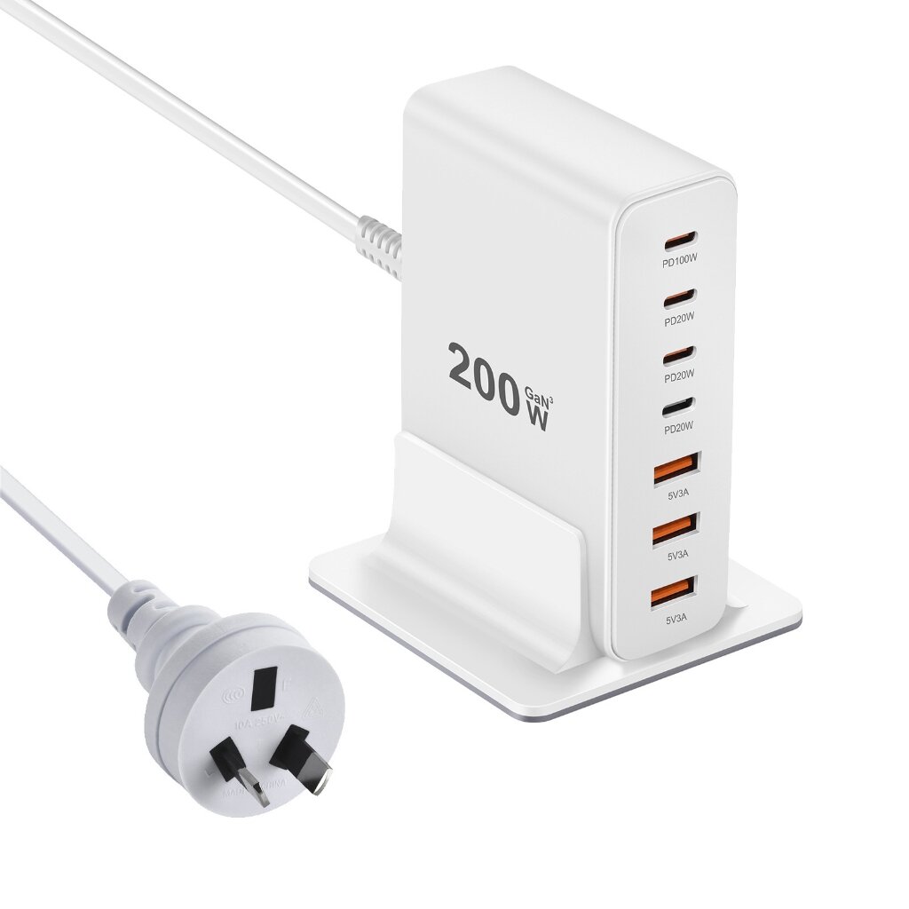 Зарядный кирпичный концентратор Зарядная станция мощностью 200 Вт, 7-портовый USB-адаптер питания для зарядки, Настольный блок быстрых зарядных устройств USB Type C PD