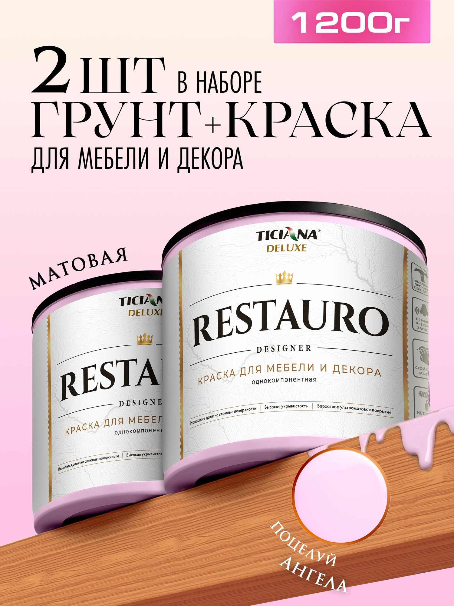 Краска для мебели и дверей розовая Restauro матовая без запаха Ticiana DELUXE набор 2 шт, краска для декора, интерьера, творчества, акриловая