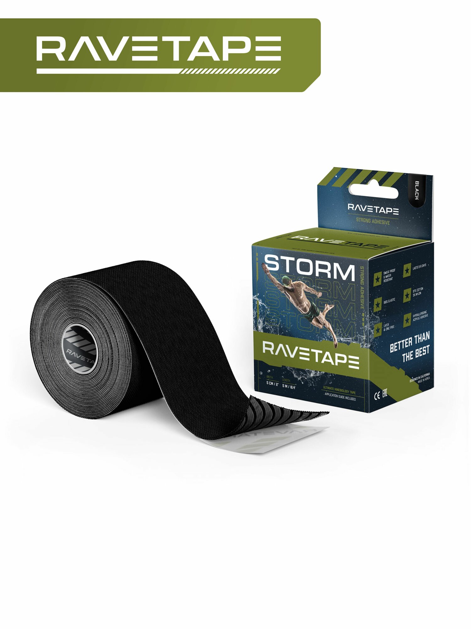 Усиленный RaveTape STORM Черный, 5м х 5см, кинезио тейп