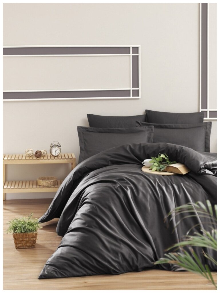 Сатиновое постельное белье Snazzy Fume Karven (темно-серый), Семейный (наволочки 50х70 и 70х70)