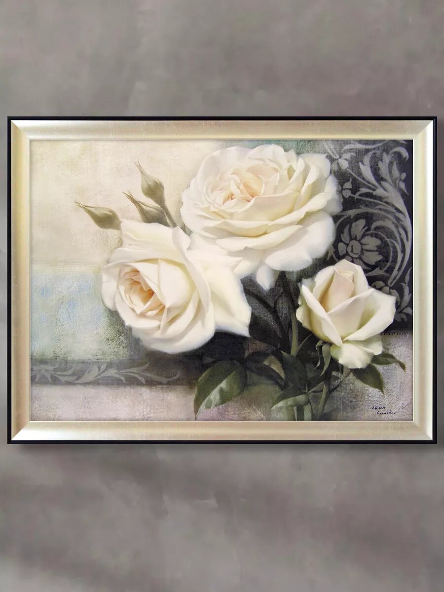 Картина 30х40 в раме 35х45 белые розы в багете в кухню