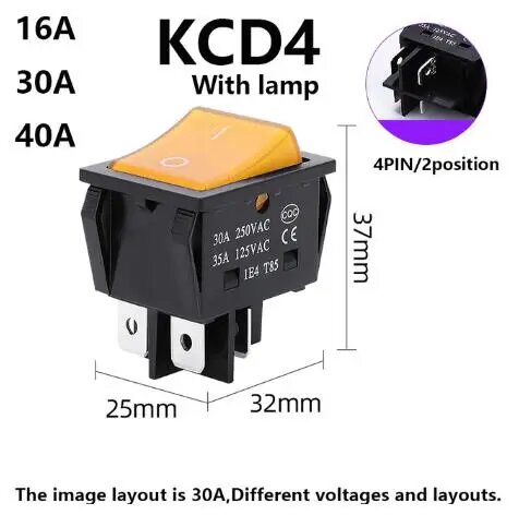 Переключатели кнопки питания KCD4, пластик, 30/35A 250/125 В переменного 2position 4PINYellow, 40A