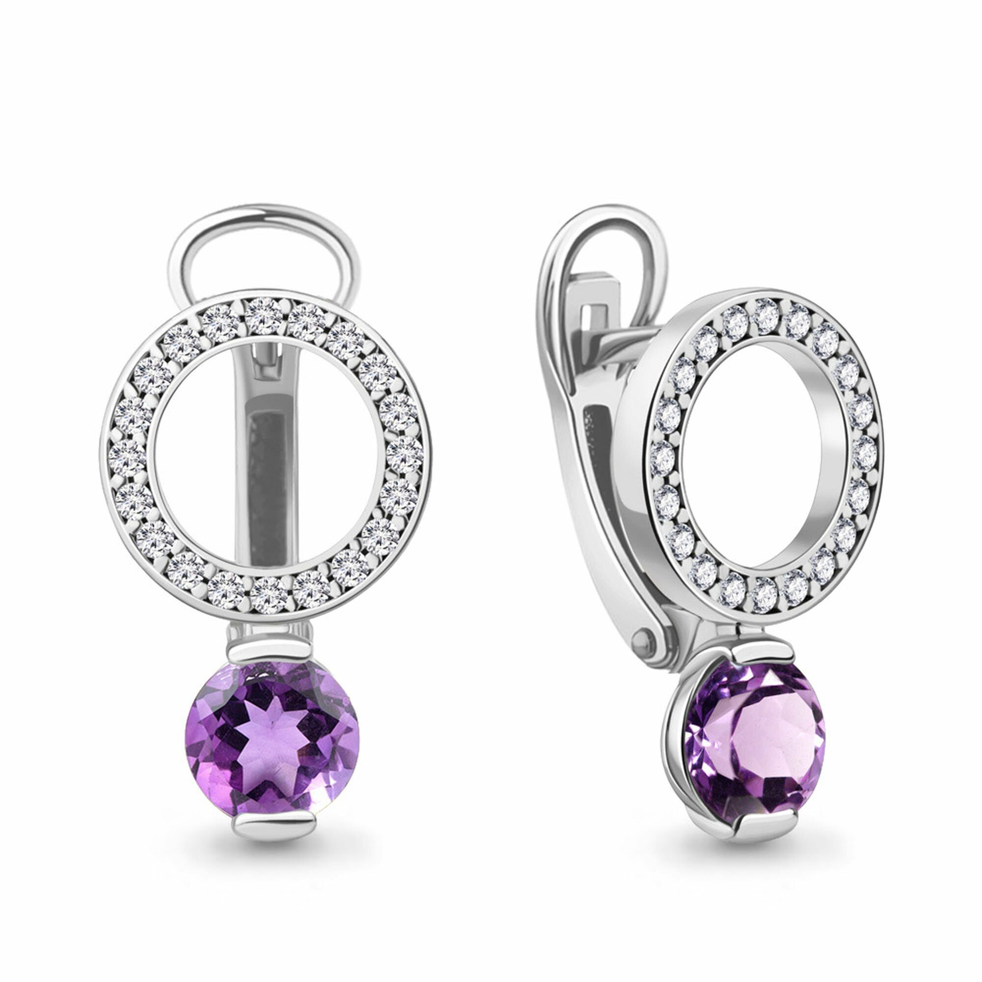 Серьги, серебро, 925 проба, родирование, фианит, аметист