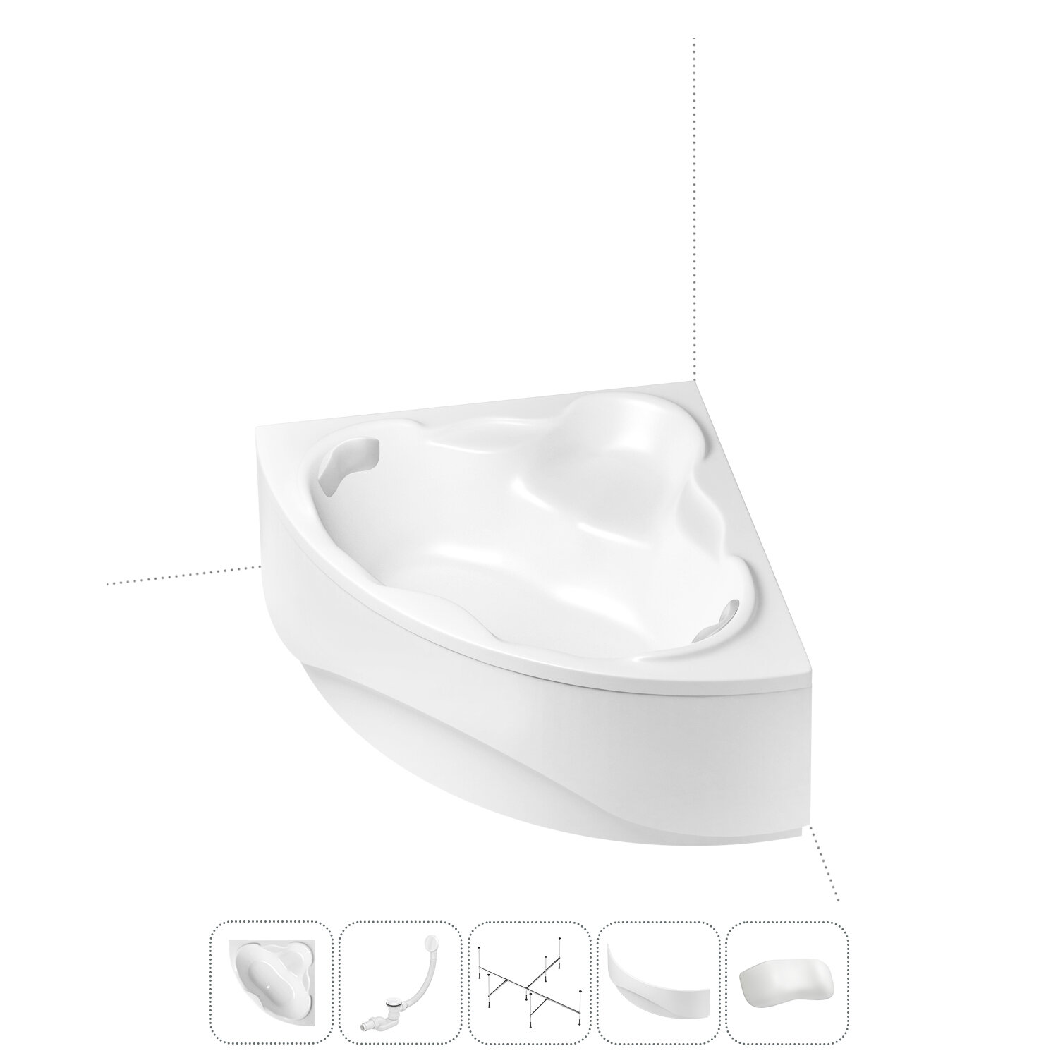 Угловая ванна акриловая 140 x 140 с каркасом и экраном Lavinia Boho Elegant 202011689 в наборе 5 в 1: акриловая ванна, слив-перелив, каркас, экран, подголовник 2 шт.